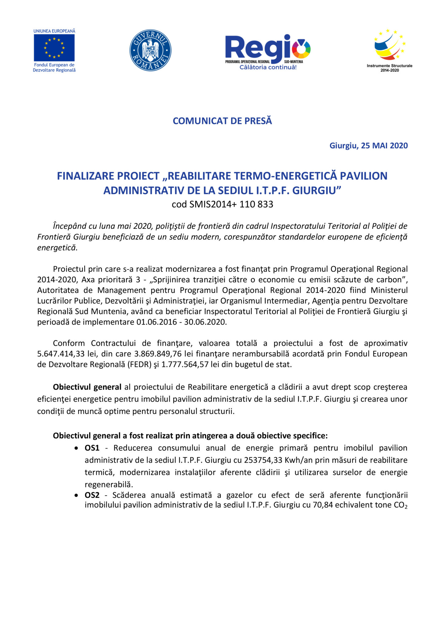 Comunicat de presă. INFORMARE PRIVIND FINALIZAREA PROIECTULUI „REABILITARE TERMO-ENERGETICĂ ...