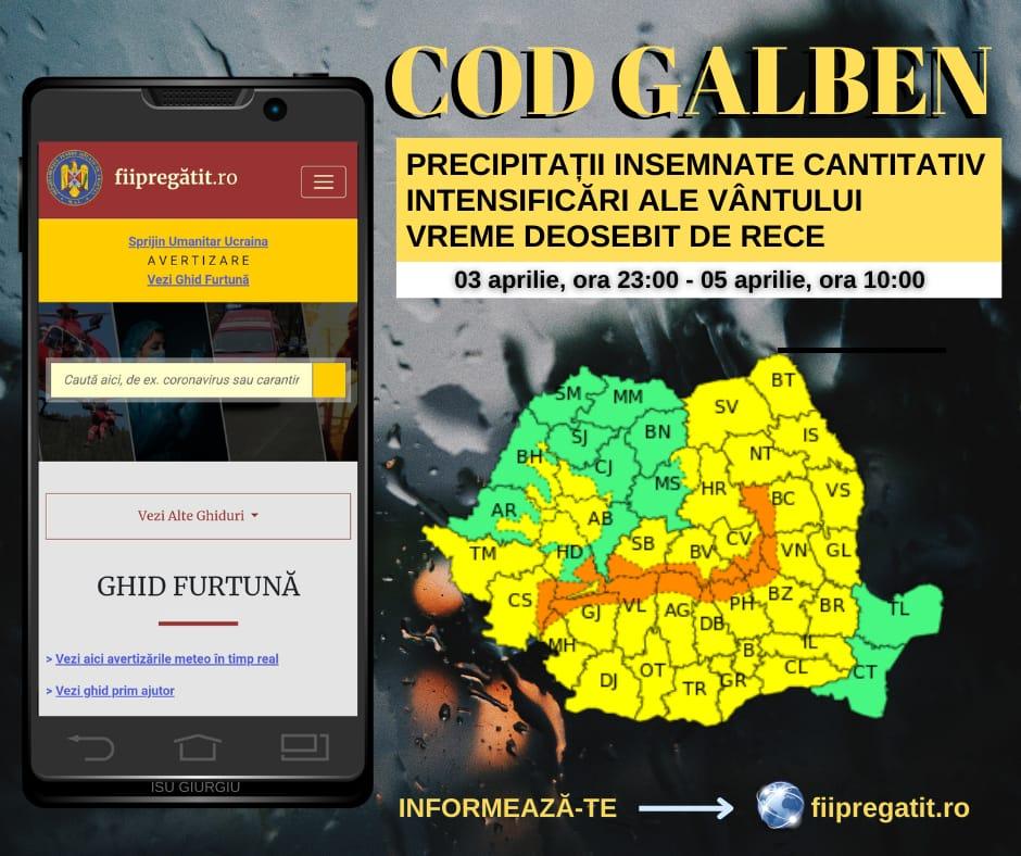 Cod galben de precipitații, intensificări ale vântului și vreme rece ...